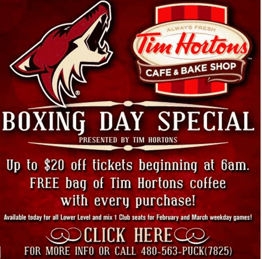 Arizona Coyotes: $20 off Tickets + FREE Tim Horton's Coffee